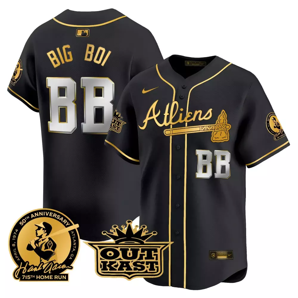 Big Boi Atlanta Braves 2023 Black & Gold Atliens Hank Aaron Patch Vapor ...